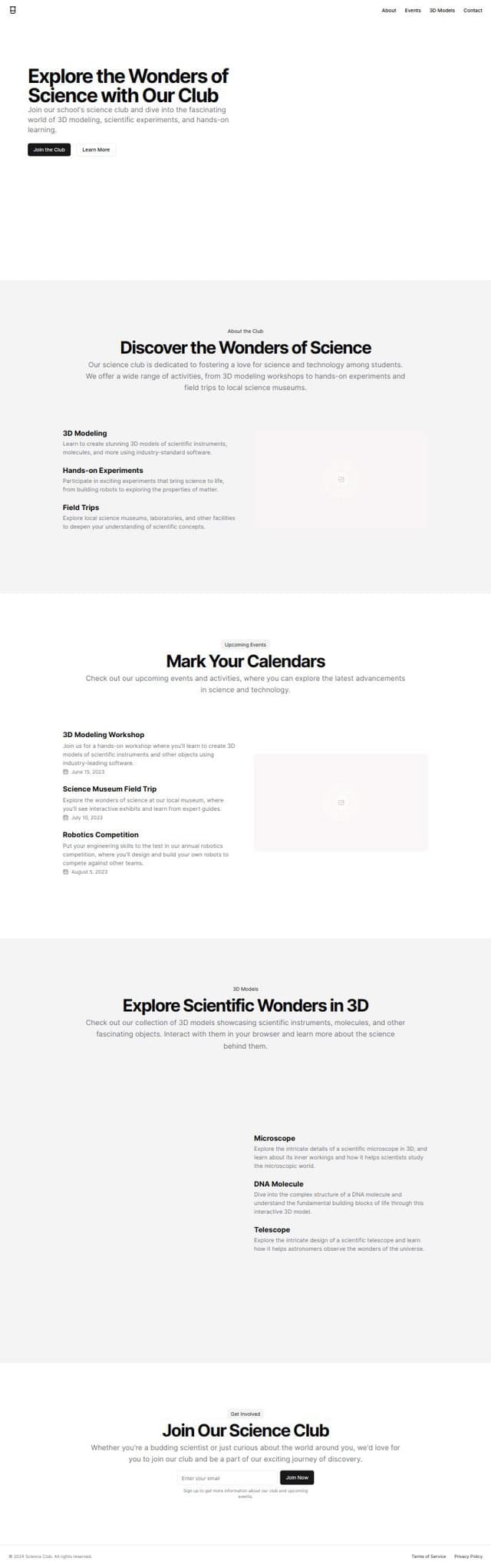 Generate a landing page for a school science club website.Use 3d models ...