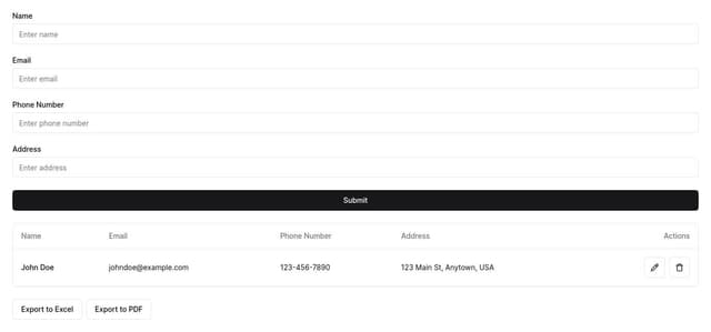 Create form and table with form entry with edit, delete and export to ...