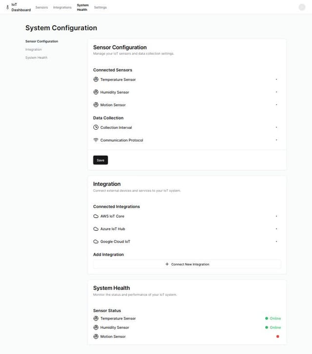 System Configuration Page: Configuration settings for IoT sensors, data ...