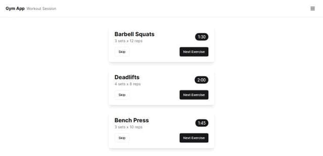 workout gym app session screen, focused on current exercise, describing ...