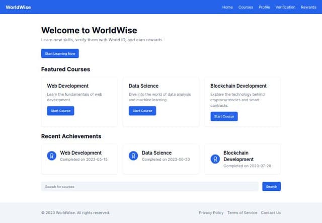 WorldWise. Generate a UI for WorldWise, a platform for learning new skills, verifying them with ...