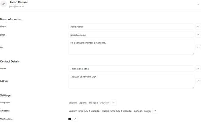 create a user Profile page using shadcn and tailwind for dashboard profile page. | A shadcn/ui ...