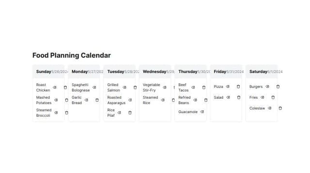 Food planning app. Calendar with a 7-day week view. Each day is a card ...