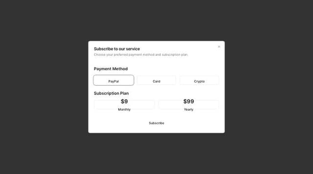 I want a modal with PayPal, card and crypto payment methods and user ...