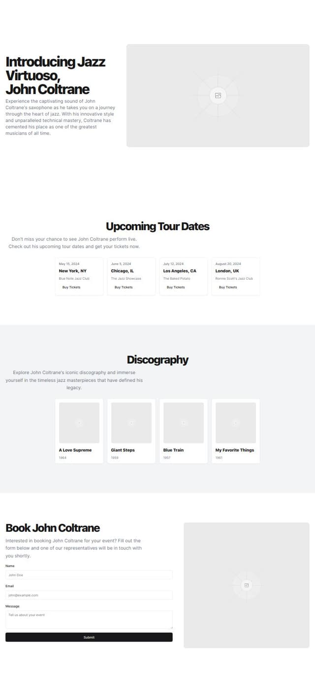Give me a landing page for a jazz musician | A shadcn/ui and v0 ...