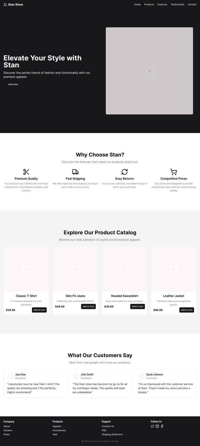 generate a stan.store clone | A shadcn/ui and v0 generation - v0