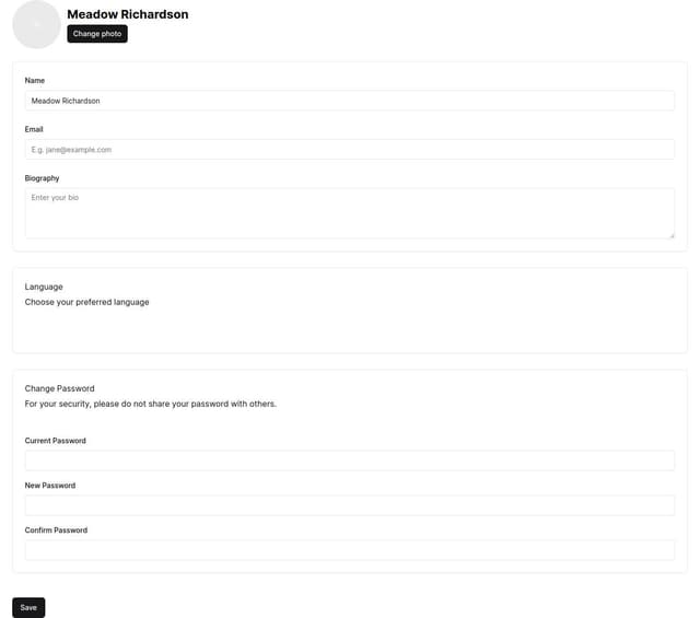 A profile settings page using shadcn/ui components | A shadcn/ui and v0 generation - v0