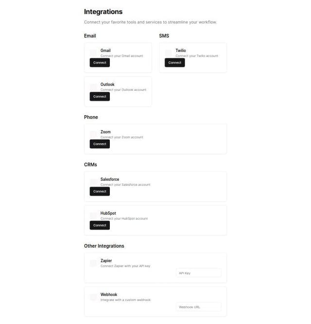 an integrations management page with a list of well known integrations that you can connect by ...