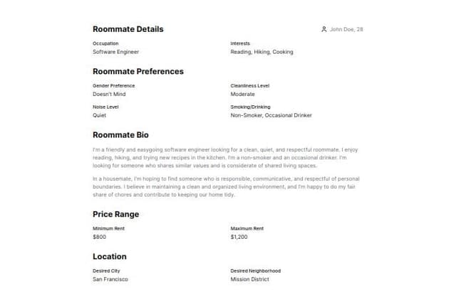 create room mate details page it should include roommate details ...