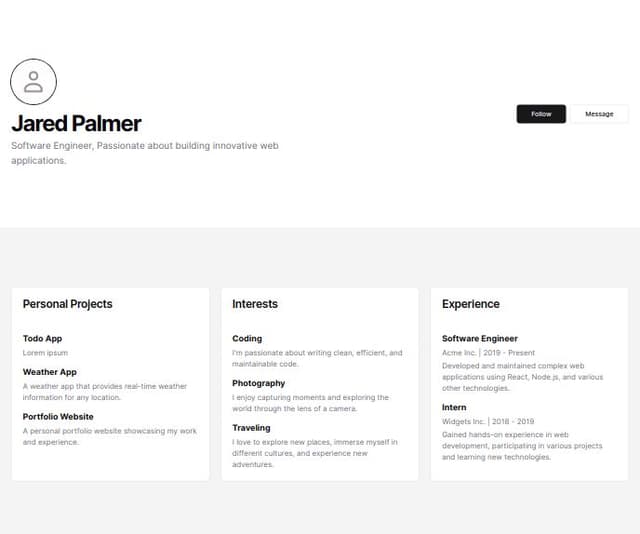 a nice profile page with cards and profile picture | A shadcn/ui and v0 ...