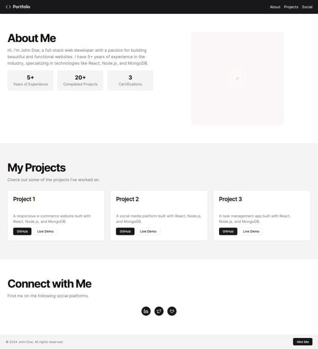 portfolio website with a about me section, and project section with each project section having ...