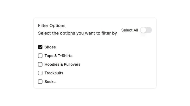 Card with select filter options, options in grid format, add select all ...