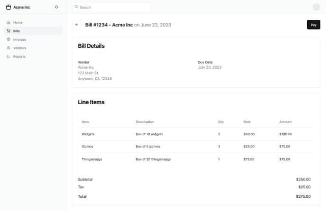 Create a Quickbooks bill page | A shadcn/ui and v0 generation - v0
