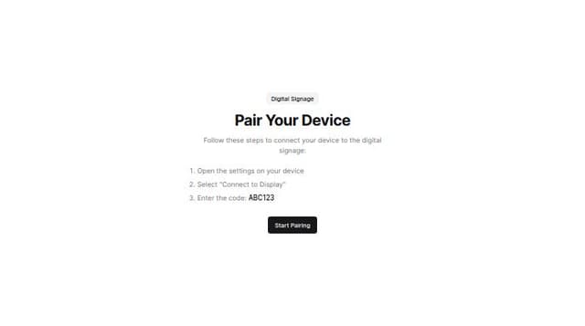 A digital signage device pairing screen | A shadcn/ui and v0 generation ...