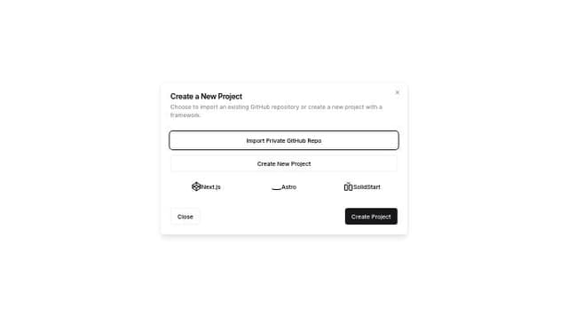 Modal for creating a new project. Import private GitHub repo or choose create a new project ...