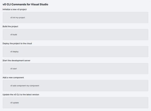 Automating v0 in Visual Studio Commands: v0 init - Initialize a new v0 project v0 build - Build ...