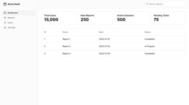 A SaaS admin dashboard with a sidebar, a few key metric cards, and a ...