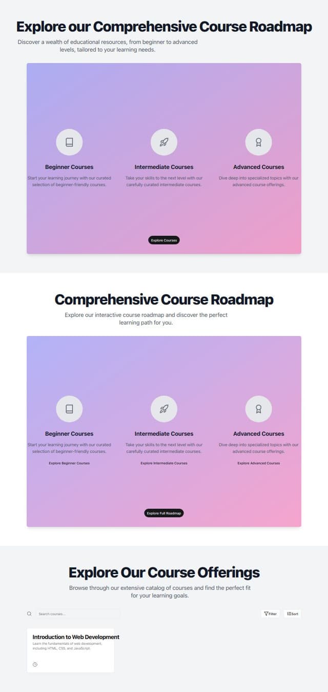 A comprehensive 'Courses' page featuring a visually intricate, interactive roadmap displaying a ...