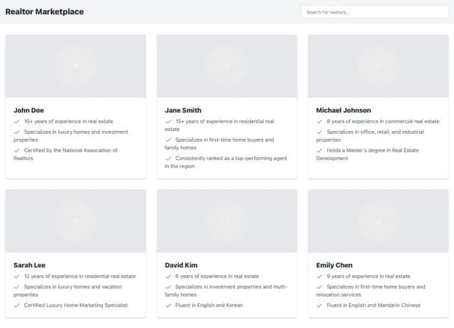 a marketplace for different realtors. each realtor has a picture and ...