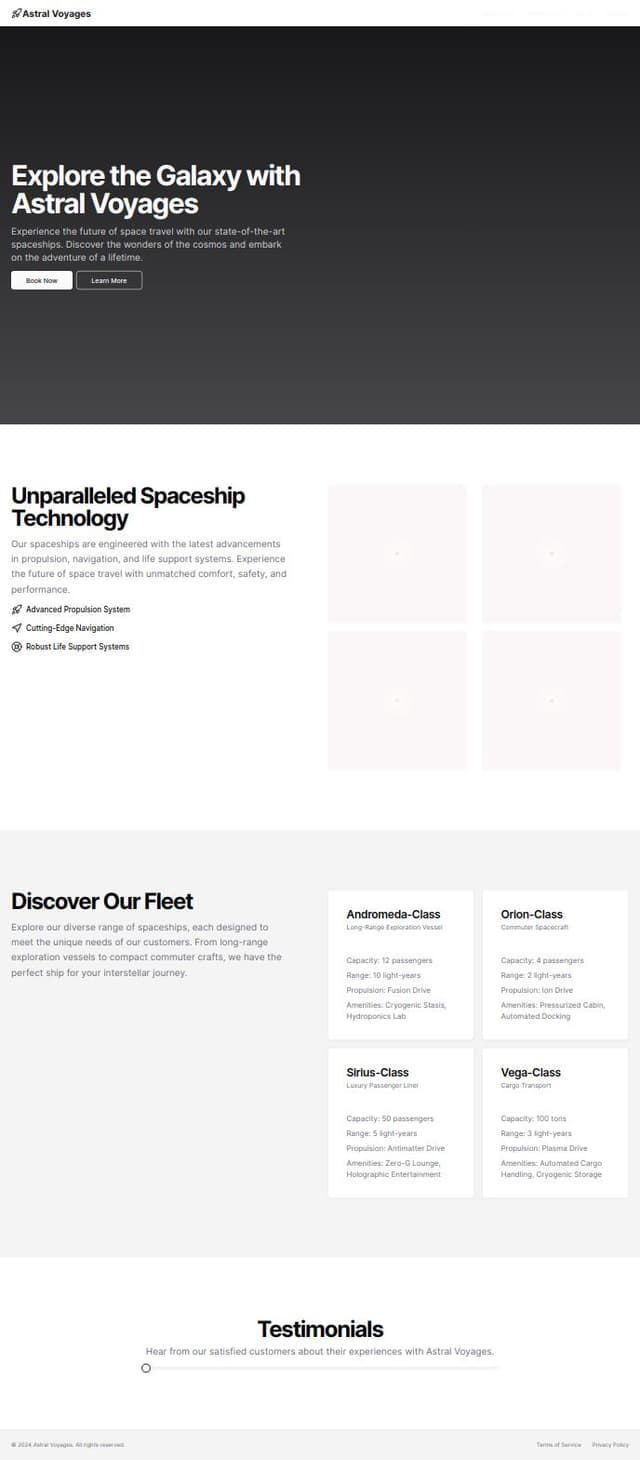 A landing page for a spaceship with 3d model information. Means a ...