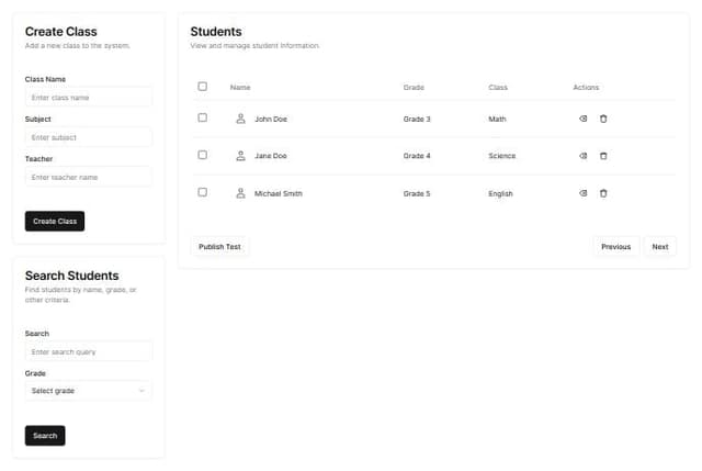 select student list to publish test, along with option for class ...