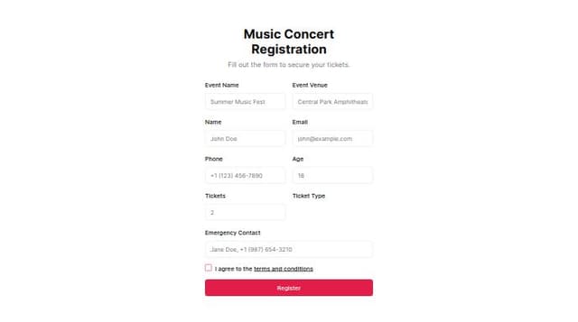 A event registration form for a music concert with the following fields ...