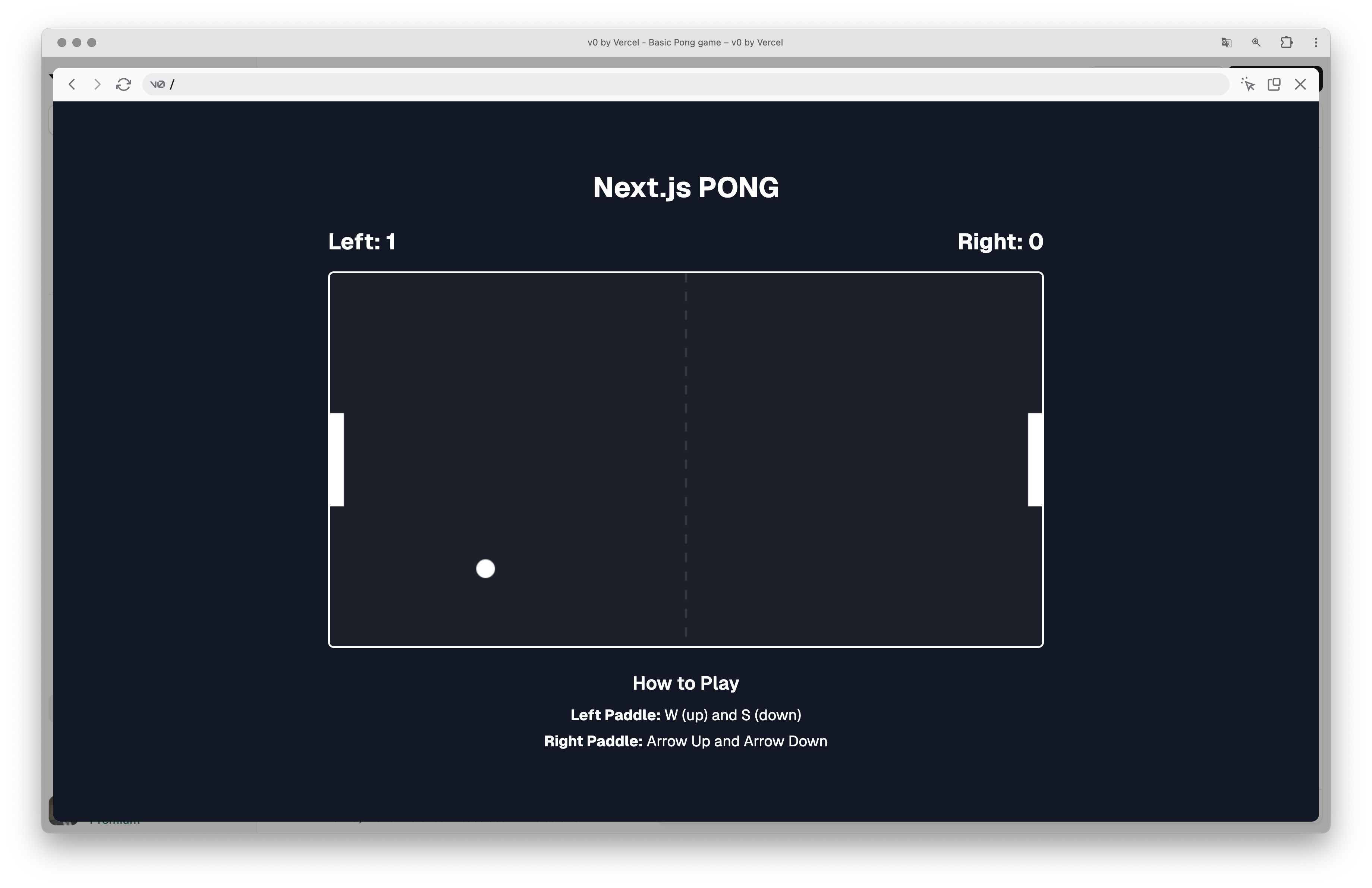Basic Pong game - v0 by Vercel