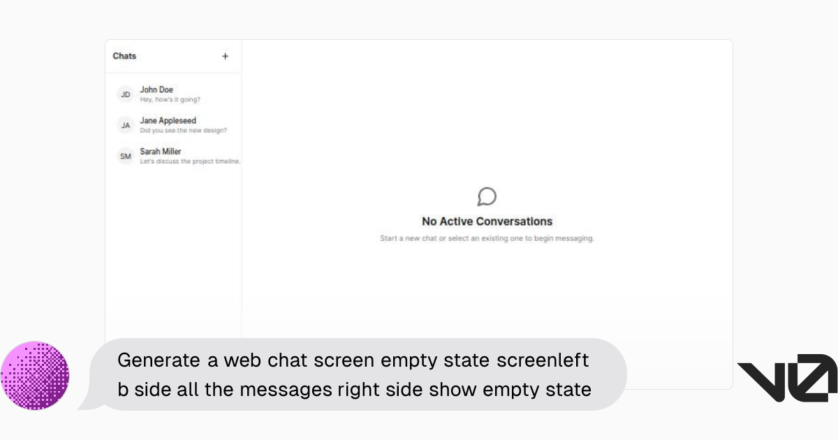 Generate a web chat screen empty state screenleftb side all the ...