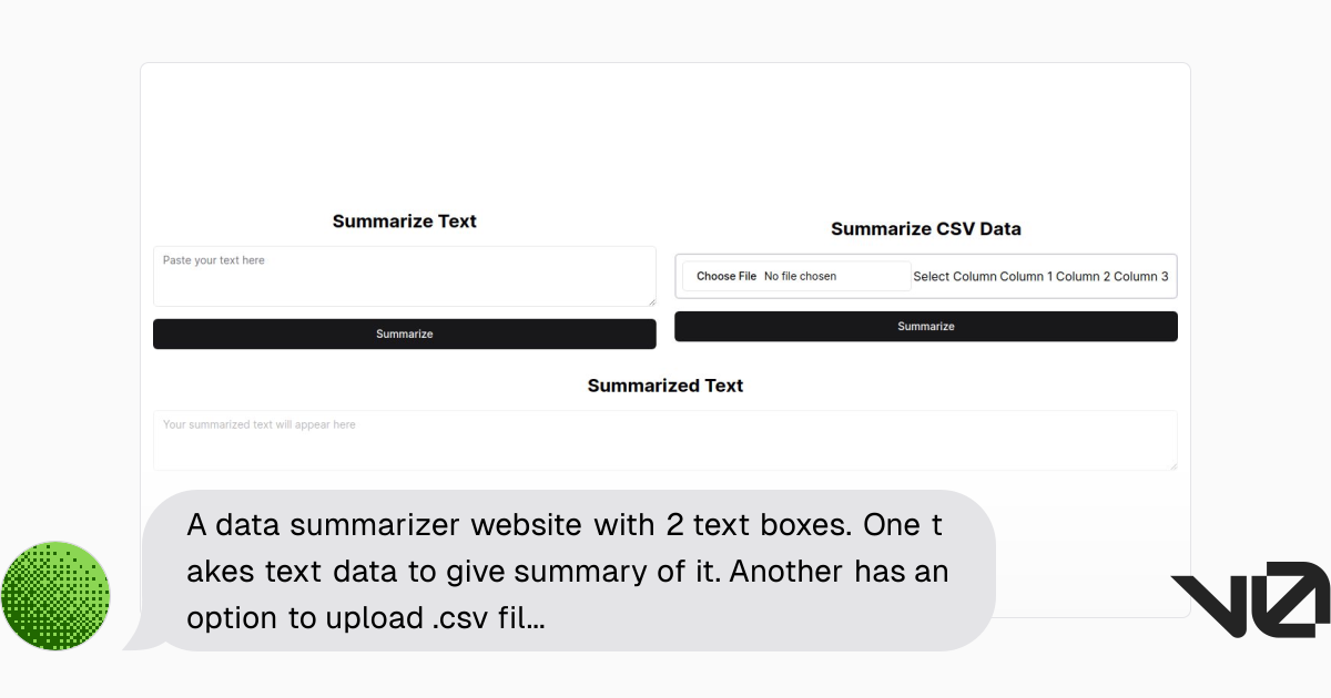 A data summarizer website with 2 text boxes. One takes text data to ...