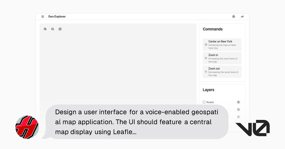 Design a user interface for a voice-enabled geospatial map application. The UI should feature a ...