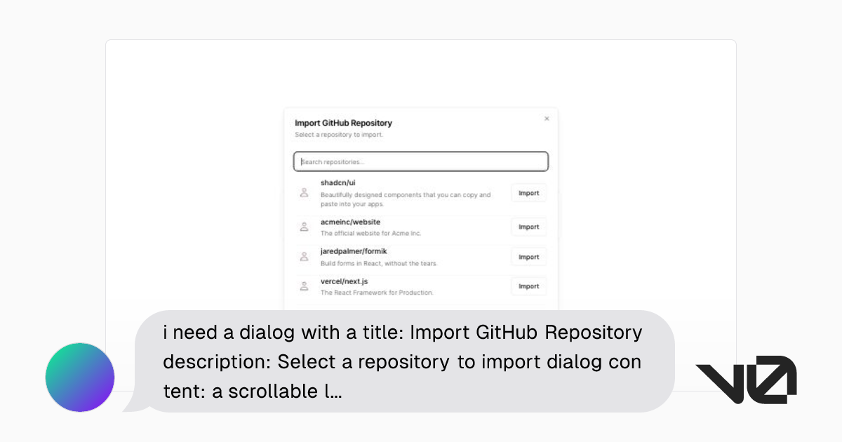 i need a dialog with a title: Import GitHub Repository description: Select a repository to ...