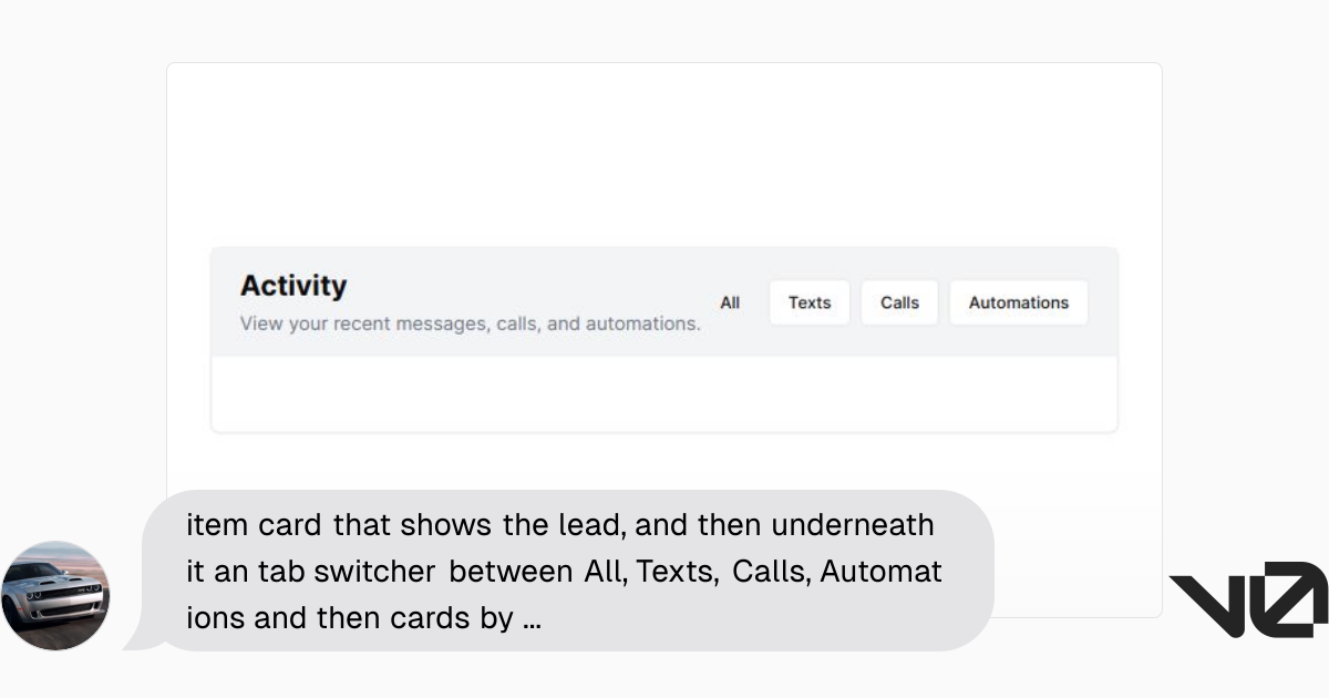 item card that shows the lead, and then underneath it an tab switcher ...