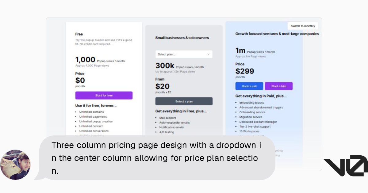 Three column pricing page design with a dropdown in the center column ...