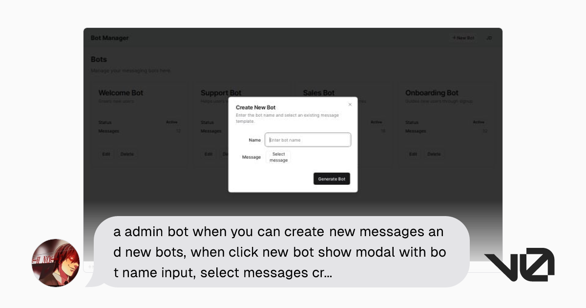 a admin bot when you can create new messages and new bots, when click new bot show modal with ...