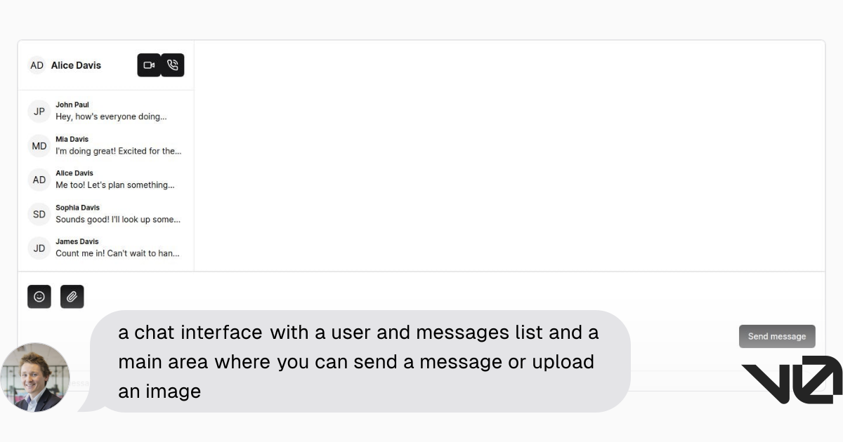 a chat interface with a user and messages list and a main area where ...