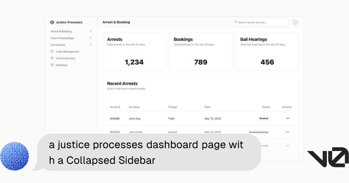 a justice processes dashboard page with a Collapsed Sidebar | A shadcn ...