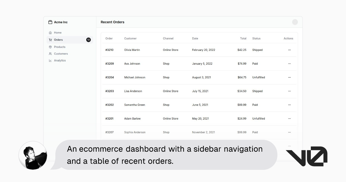An ecommerce dashboard with a sidebar navigation and a table of recent orders. | A shadcn/ui and ...