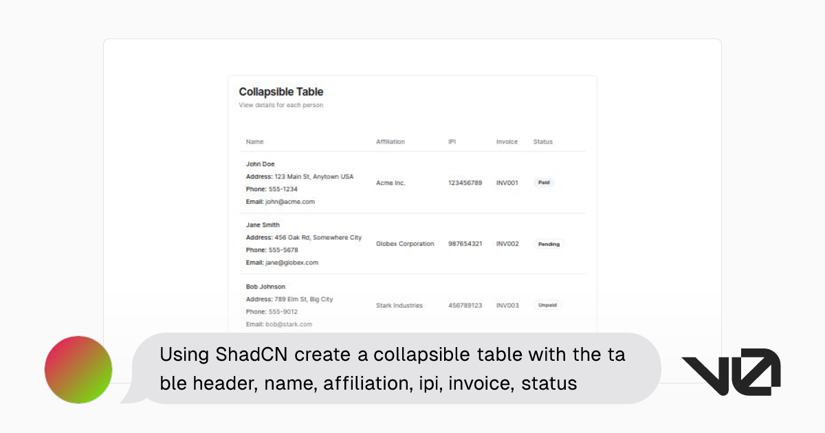 Using ShadCN create a collapsible table with the table header, name, affiliation, ipi, invoice ...