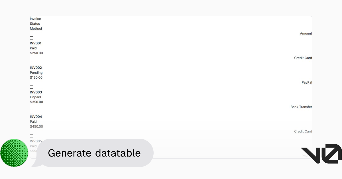 Generate datatable | A shadcn/ui and v0 generation - v0