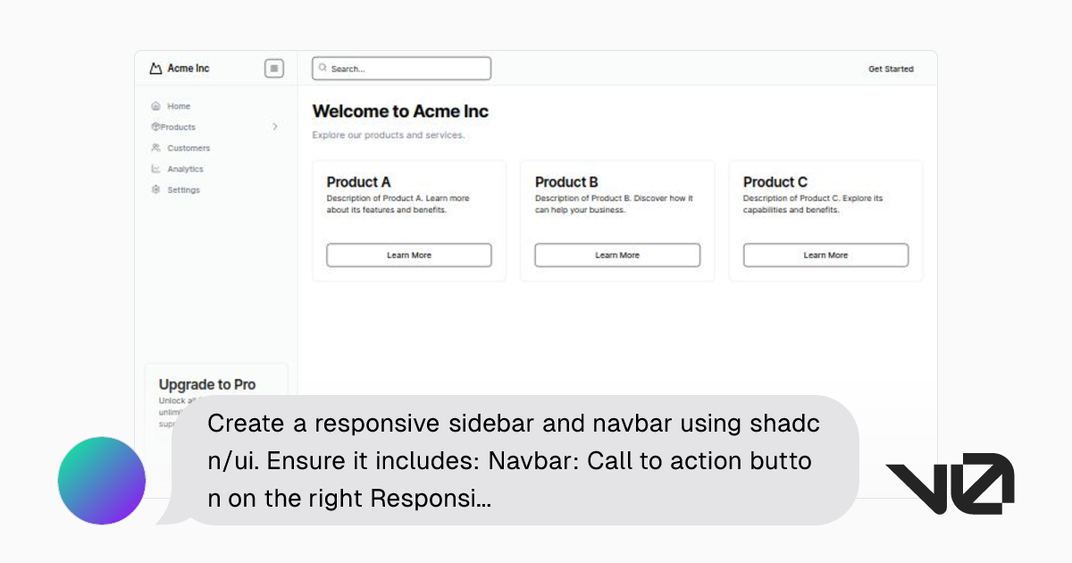 Create a responsive sidebar and navbar using shadcn/ui. Ensure it includes: Navbar: Call to ...
