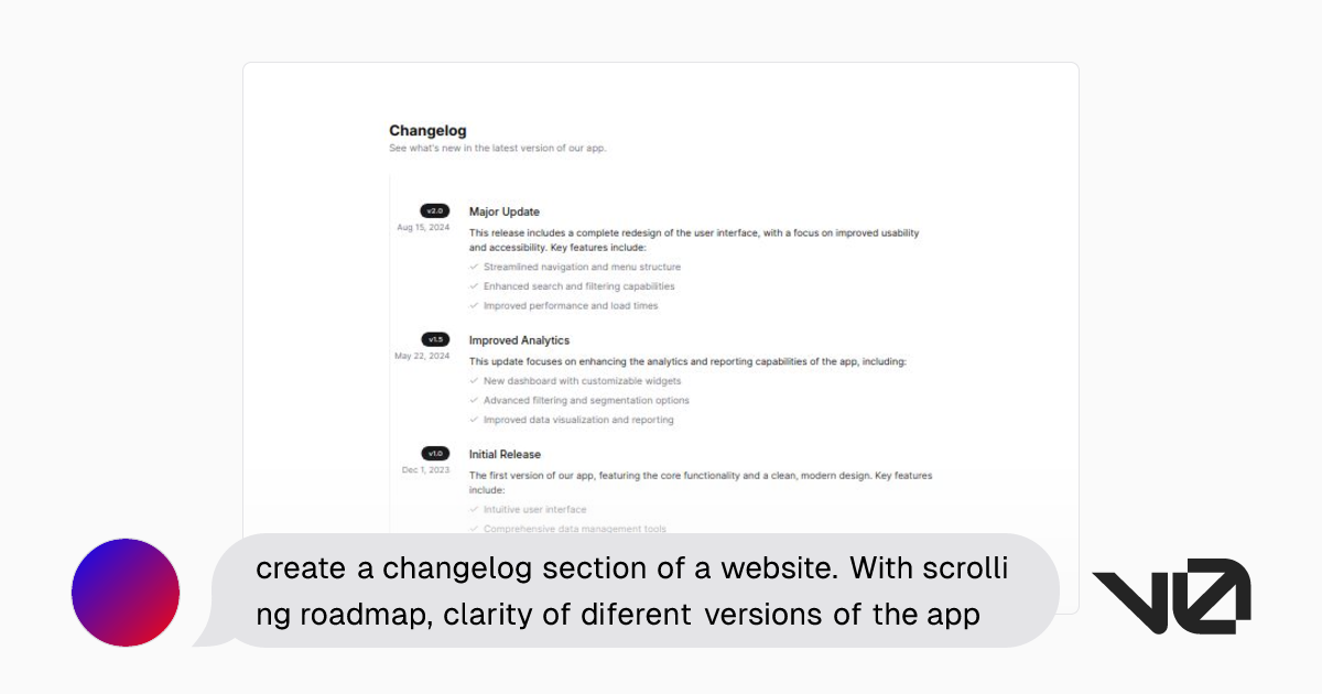 create a changelog section of a website. With scrolling roadmap, clarity of diferent versions of ...