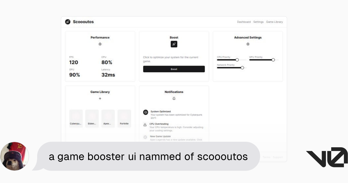 a game booster ui nammed of scoooutos | A shadcn/ui and v0 generation - v0