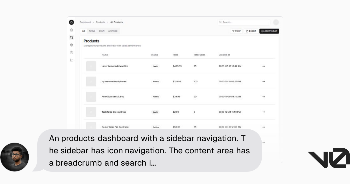 An products dashboard with a sidebar navigation. The sidebar has icon ...