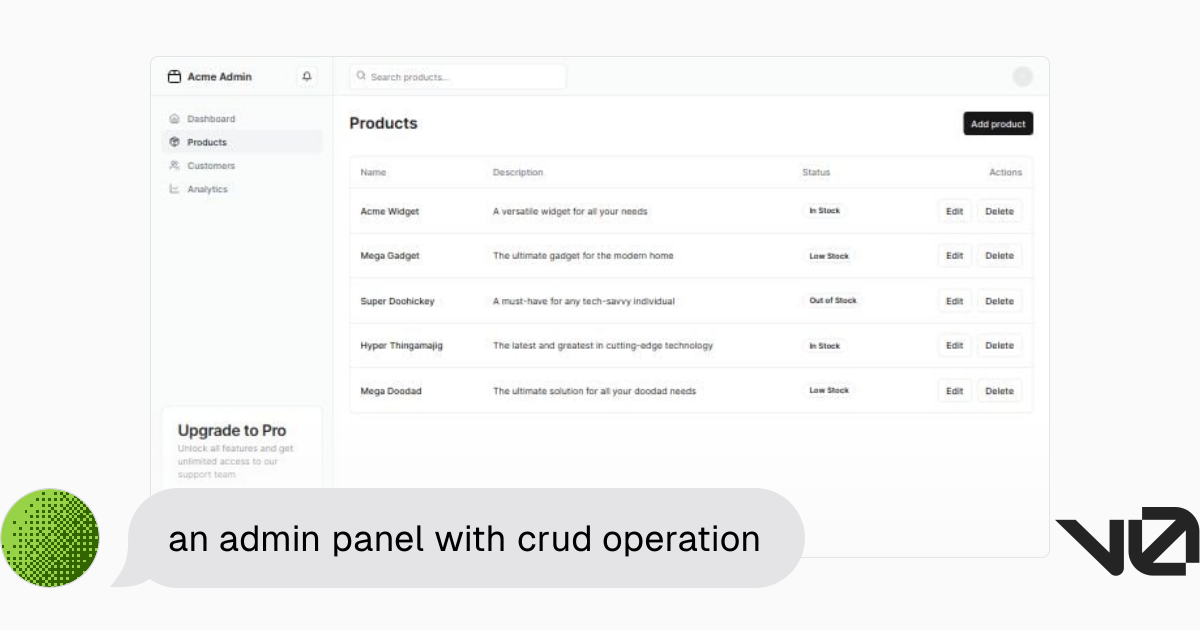 an admin panel with crud operation | A shadcn/ui and v0 generation - v0