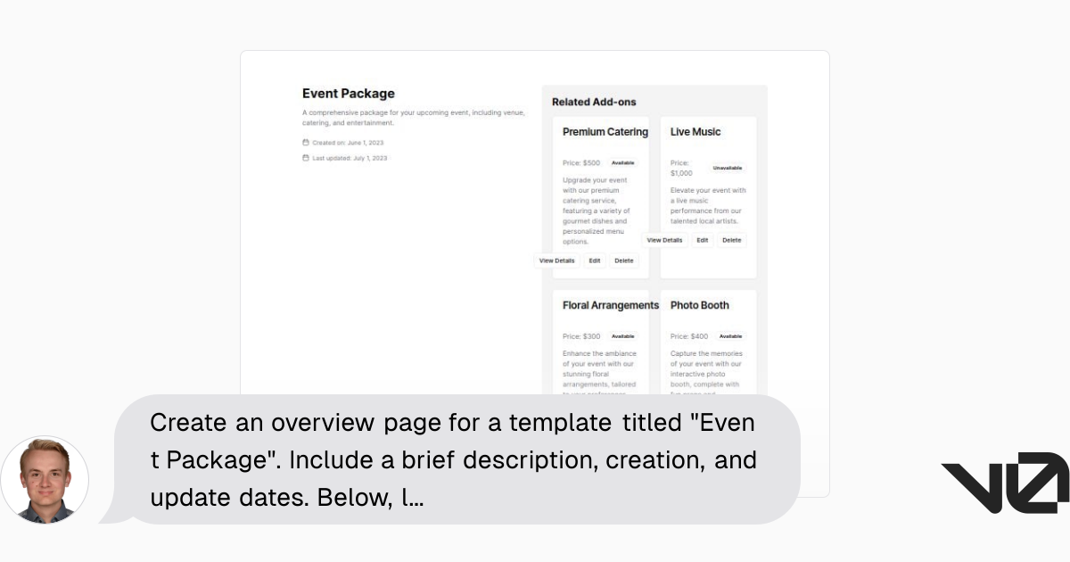 Create an overview page for a template titled "Event Package". Include ...