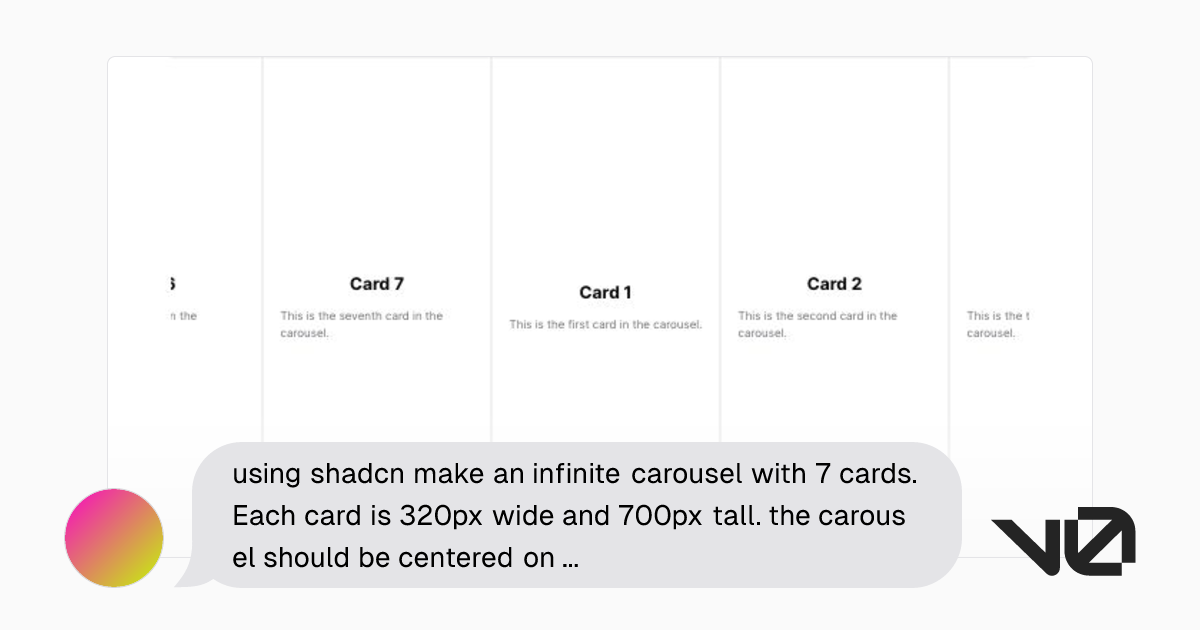 using shadcn make an infinite carousel with 7 cards. Each card is 320px ...