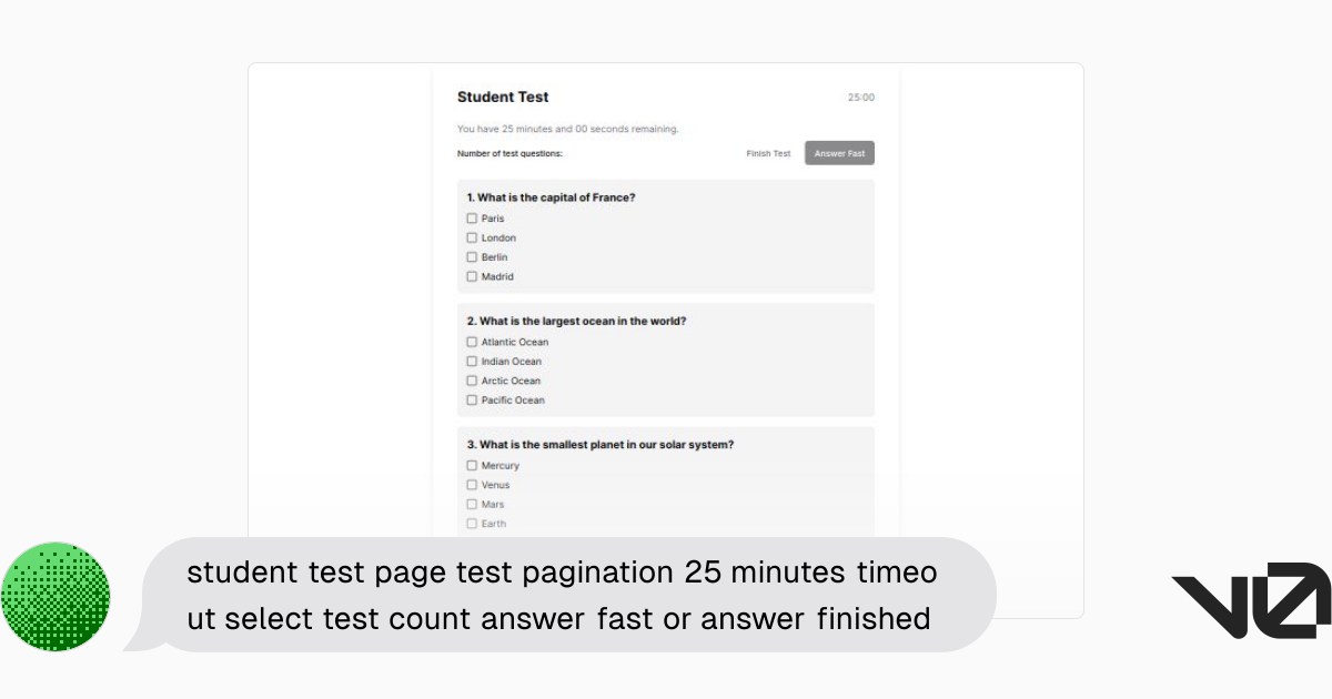 student test page test pagination 25 minutes timeout select test count ...