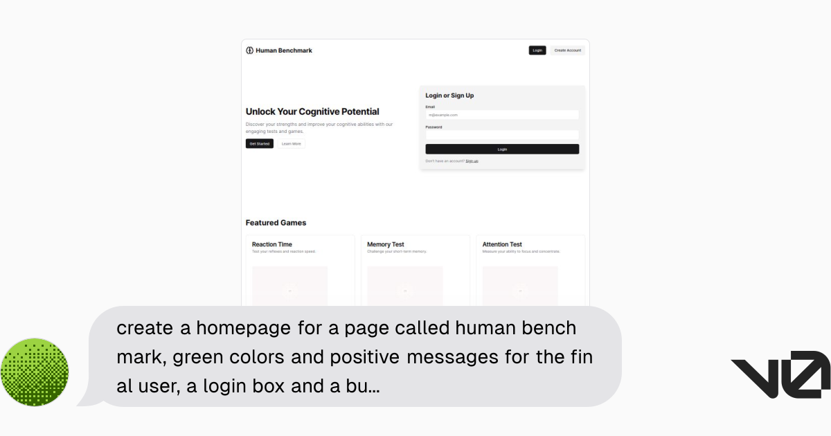 create a homepage for a page called human benchmark, green colors and ...