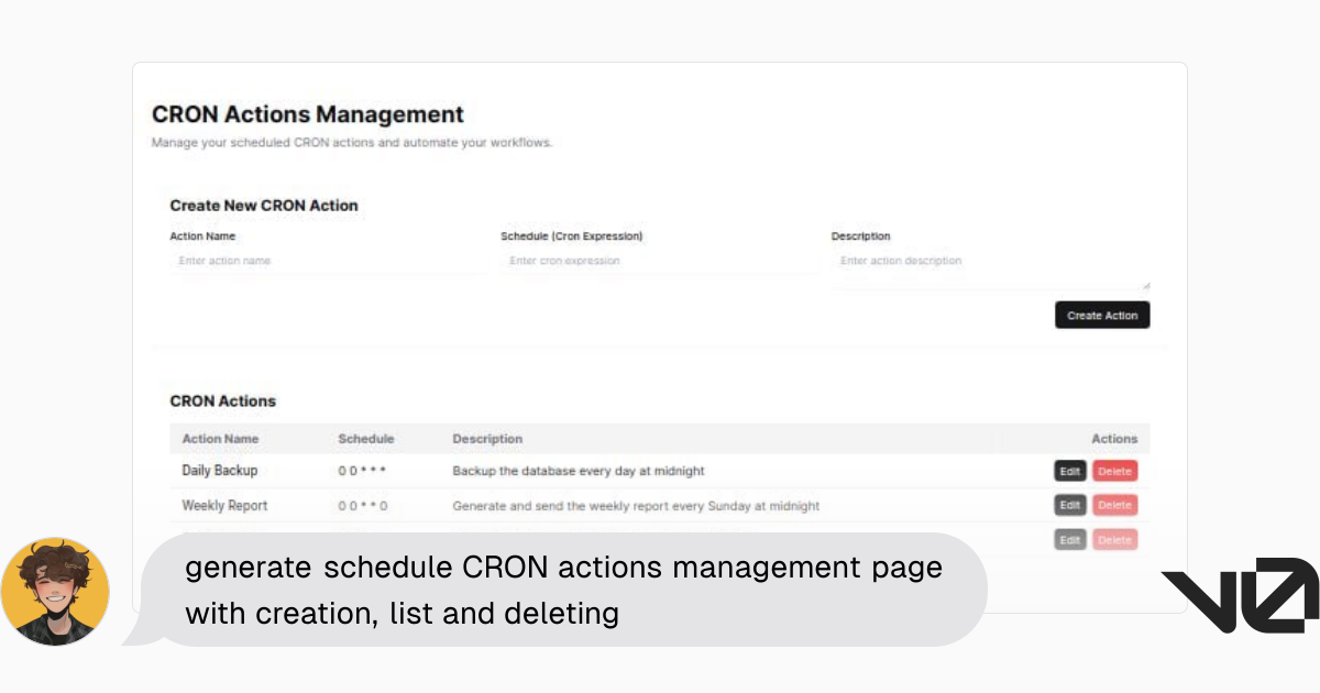 generate schedule CRON actions management page with creation, list and ...