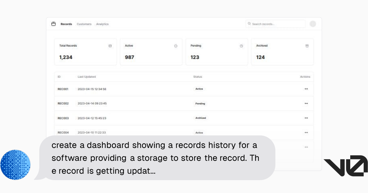 create a dashboard showing a records history for a software providing a ...